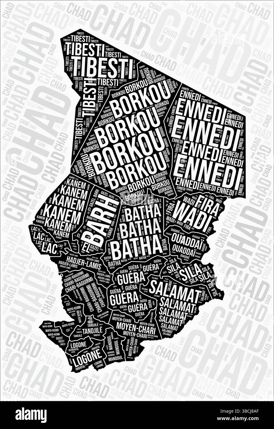 Chad regions map word cloud. Chad region names. Black and white map ...