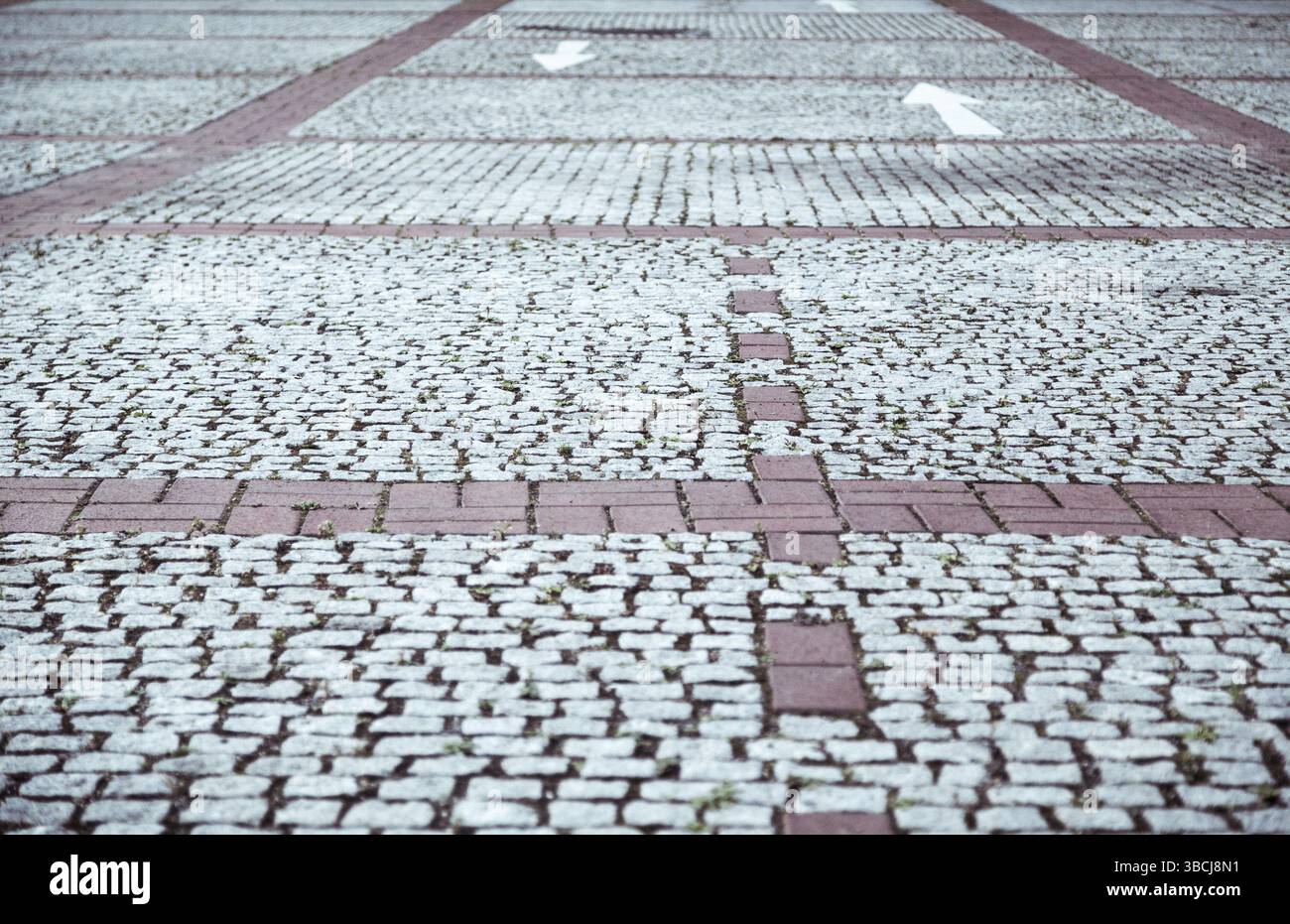 Cobblestone pavement with white arrows Stock Photo - Alamy