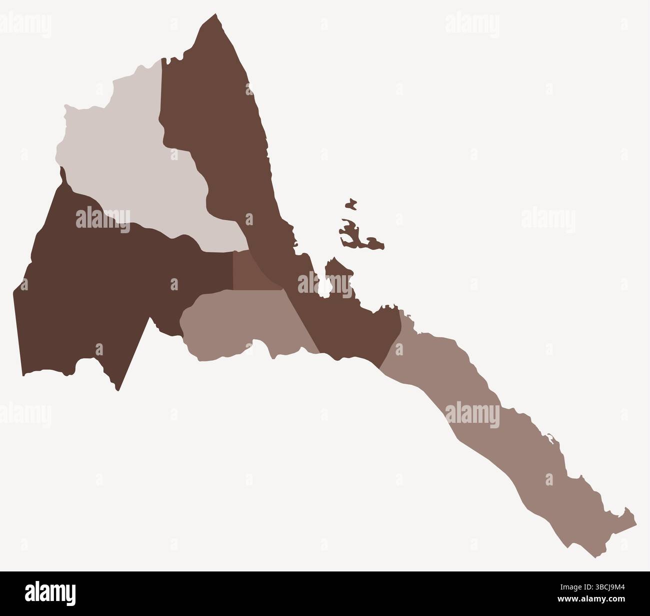 Map of Eritrea with regions. Just a simple country border map with region division. Brown color ...