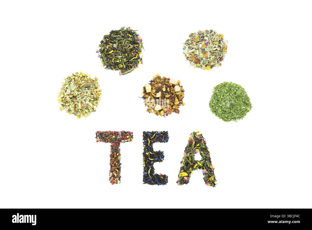 Word TEA with letters made of different tea species isolated on white ...
