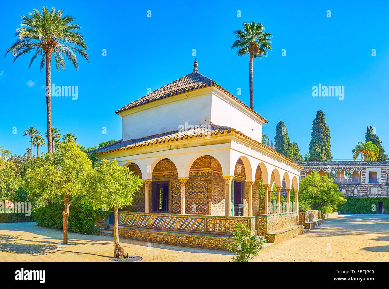 The historical Pabellon de Carlos V (Charles V Pavilion) with glazed ...