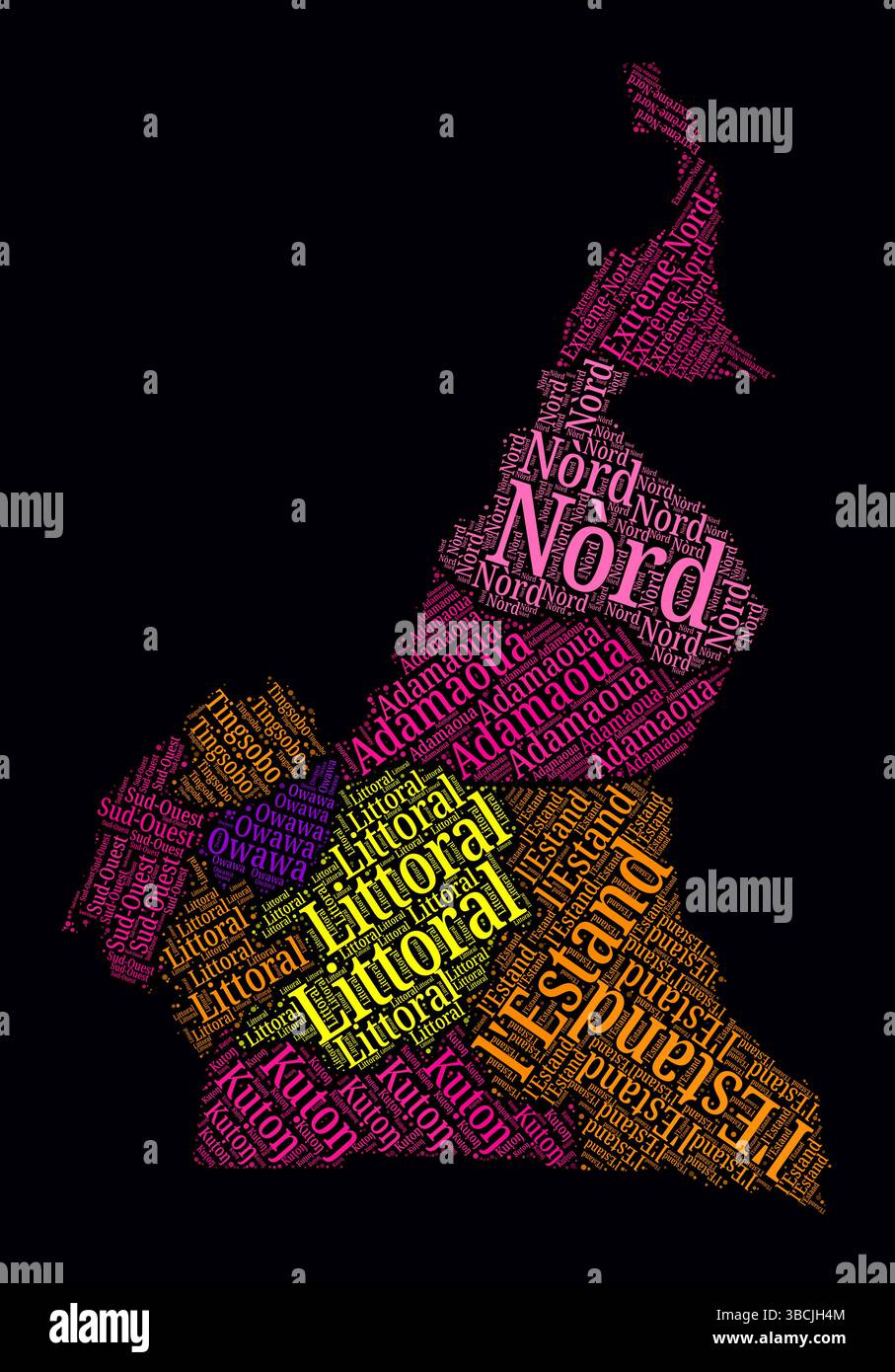 Cameroon Regions Word Clouds. Bright neon style design on dark ...