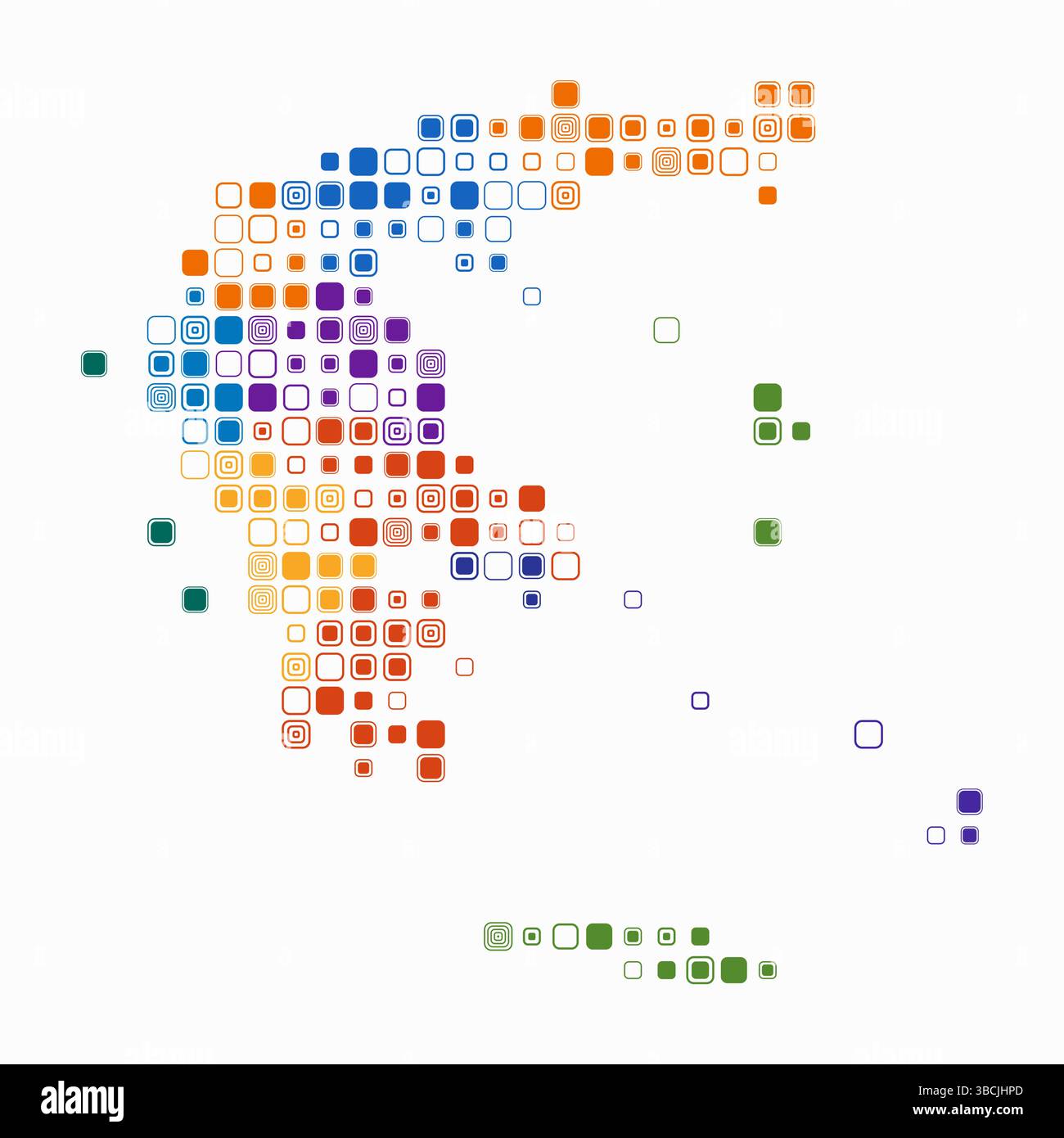 Greece, shape of the country built of colored cells. Digital style map ...