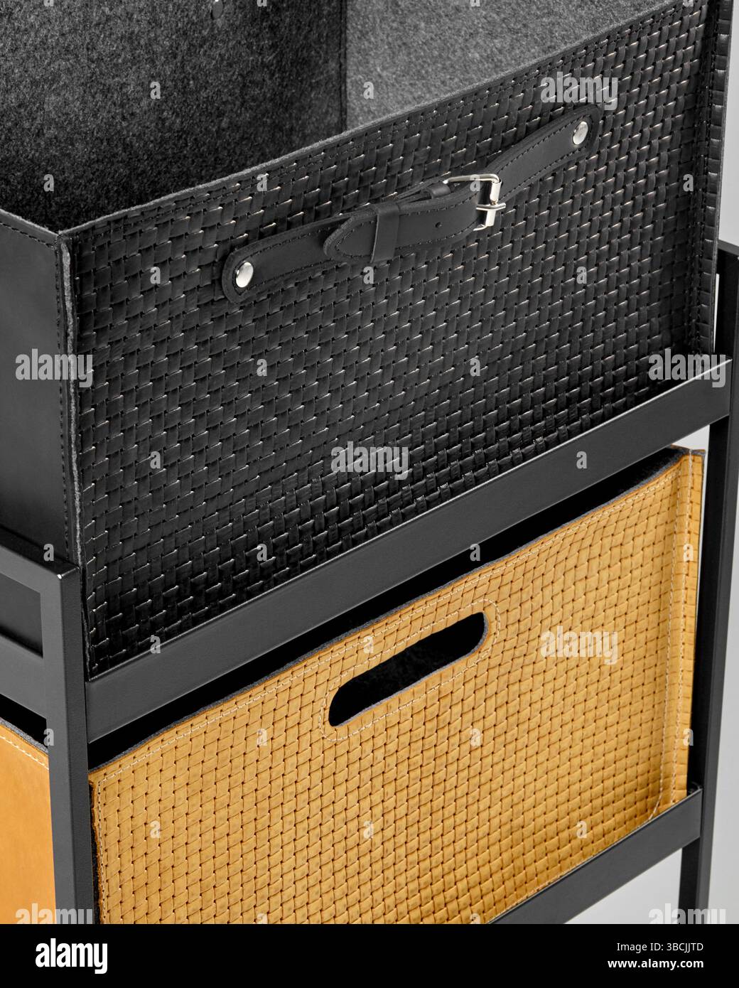 Stylish woven storage boxes with leather straps and metal frame ...