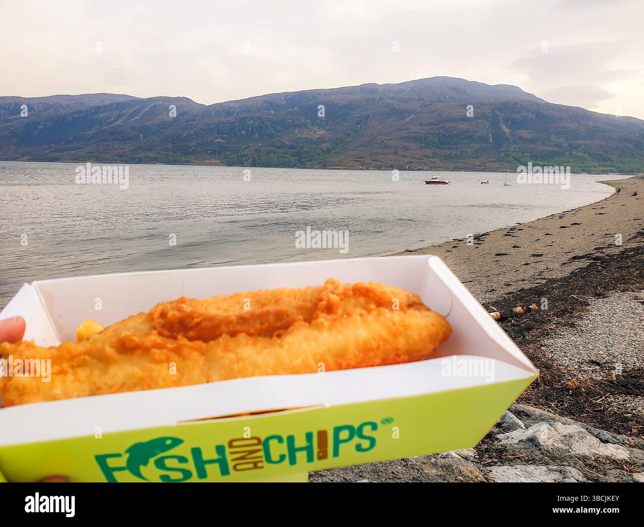 Fresh Fish and Chips on the Beach at Ullapool Ferry Terminal Stock ...