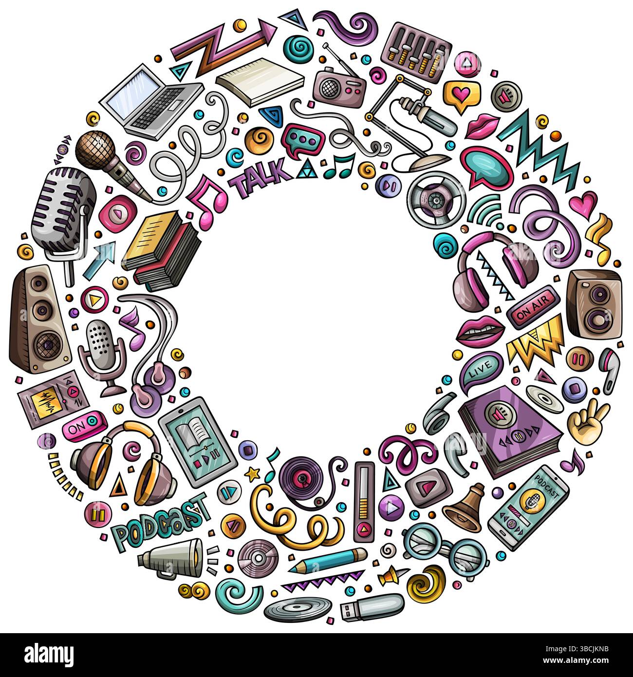 Colorful vector set of podcasting cartoon doodle objects, symbols and ...