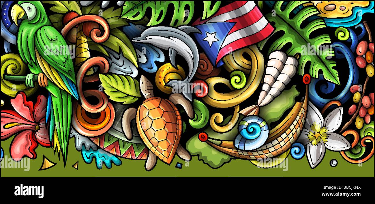 Puerto Rico doodle banner. Cartoon vector whimsical flyer. Illustration ...