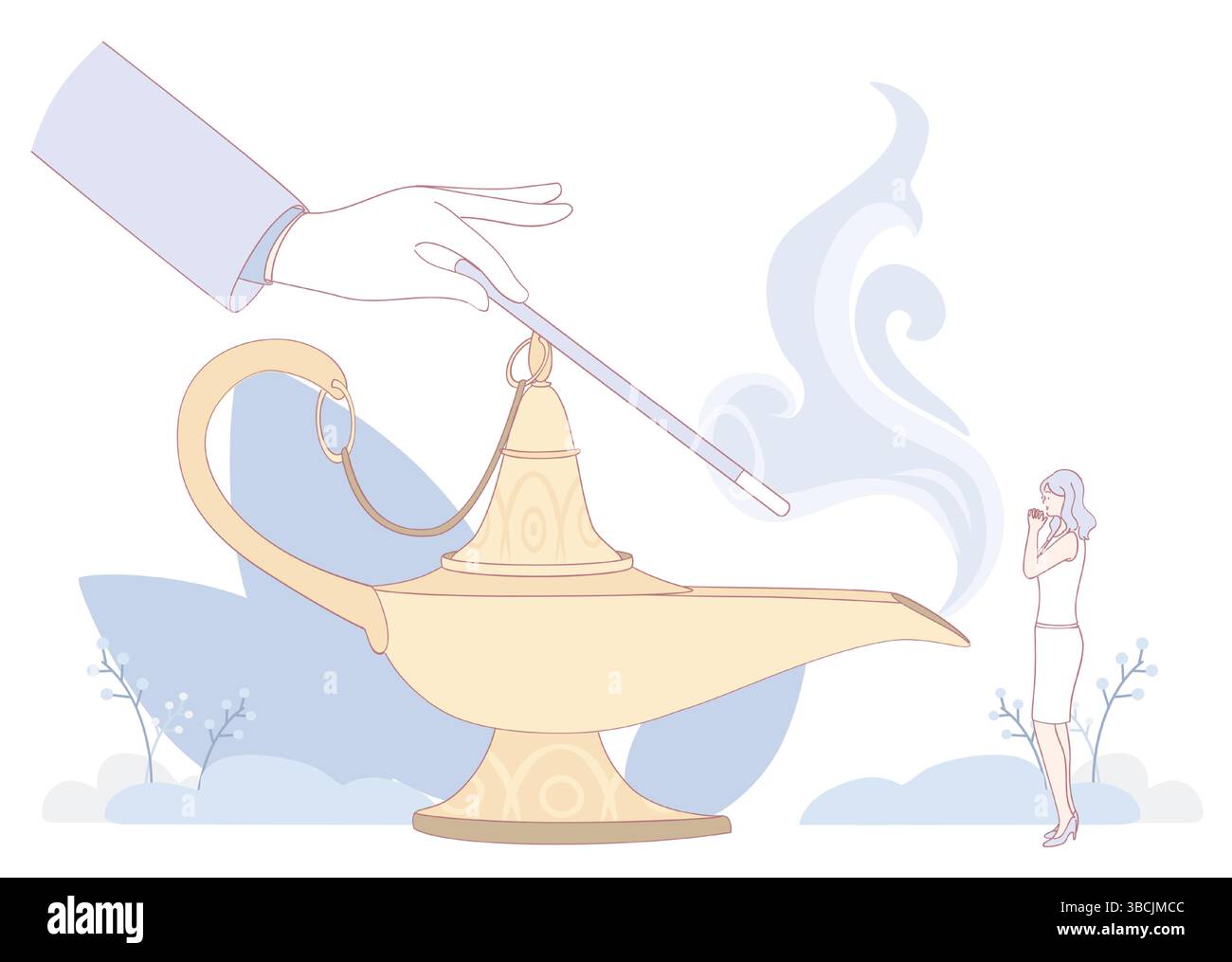 An enchanting illustration of a magical lamp with swirling smoke and a ...