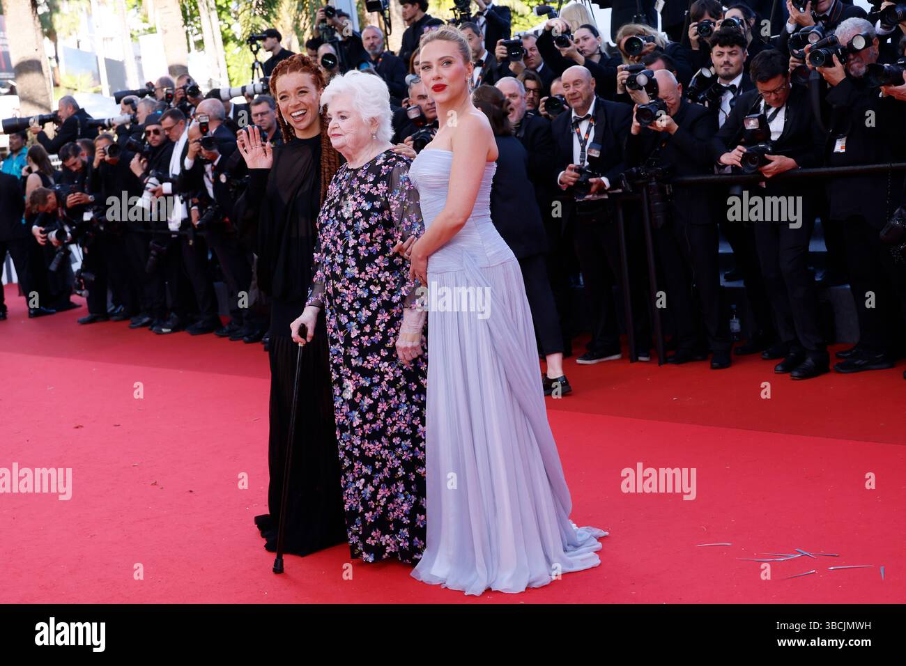 Erin Kellyman, from left, June Squibb and Scarlett Johansson pose for ...