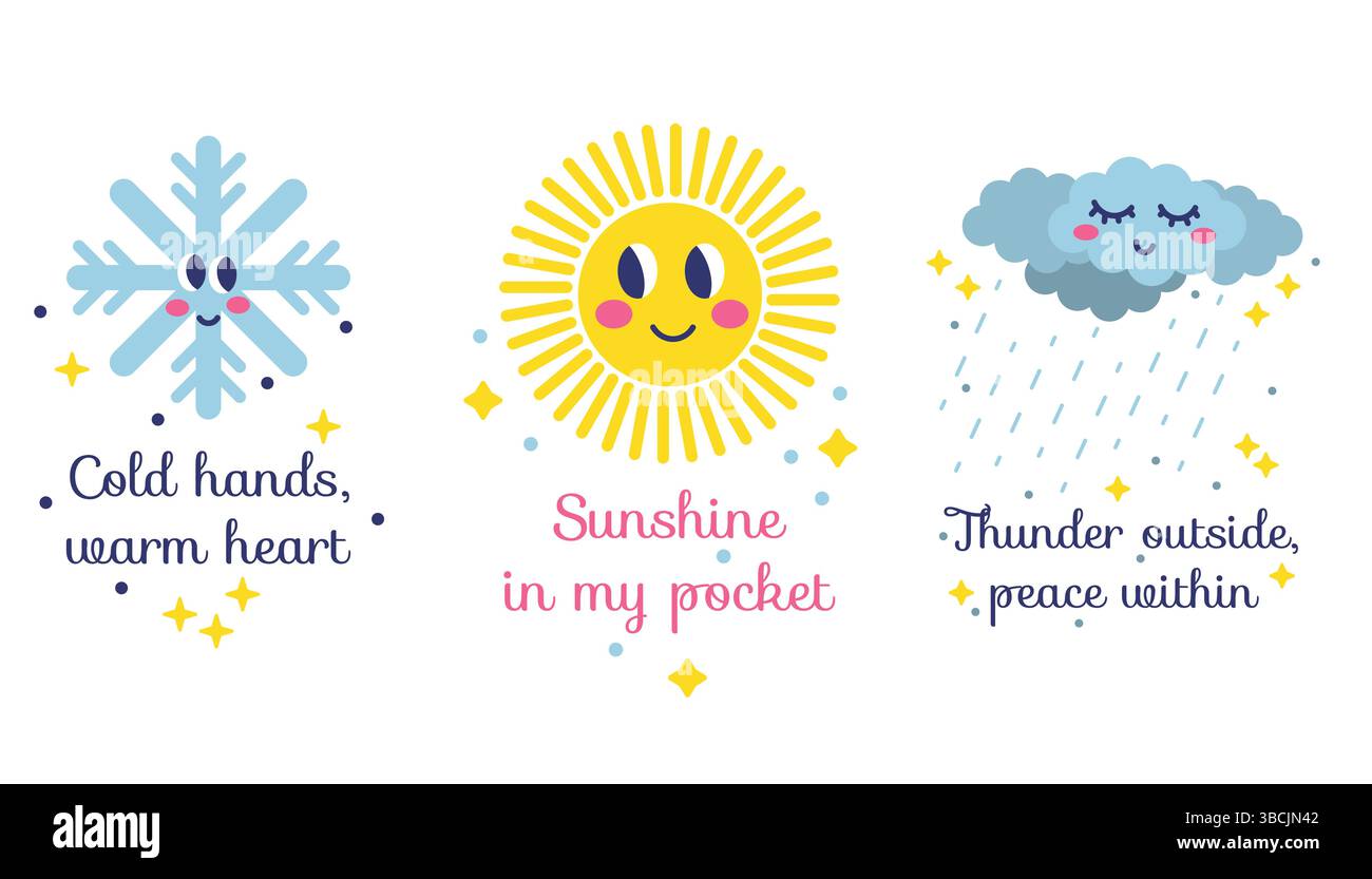 Set of cute children posters with smiling snowflake, sun, and raining ...