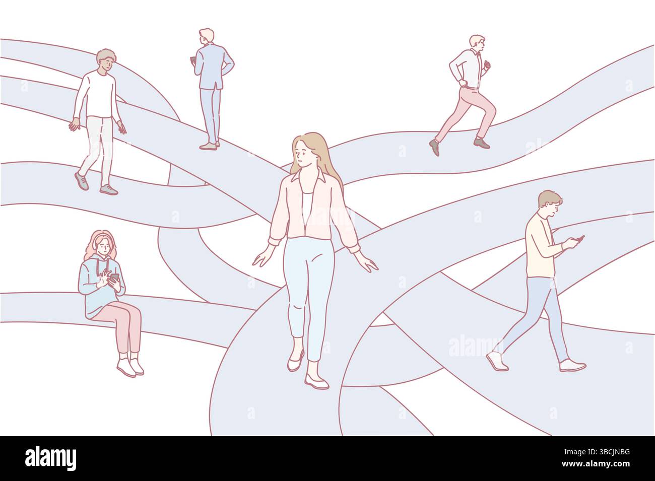 An illustration of diverse people navigating intertwined routes ...