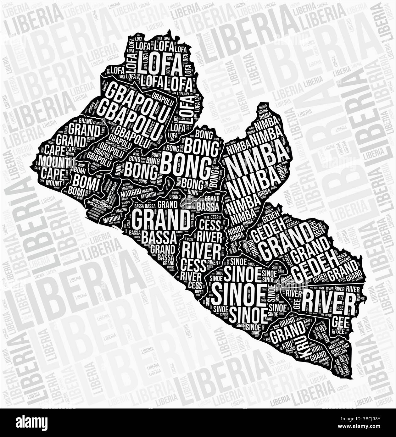 Liberia regions map word cloud. Liberia region names. Black and white ...