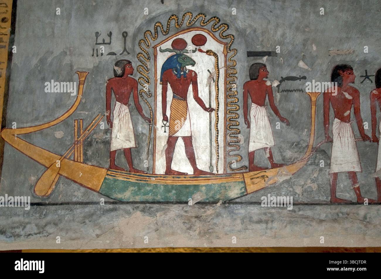 Wall painting, sun barque, burial chamber of Ramses I, tomb number KV ...