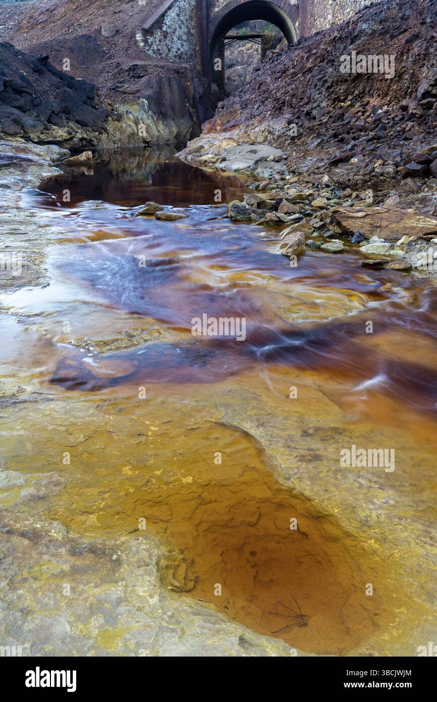 top down view of the Rio Tinto riverbed in the old mines with colorful ...