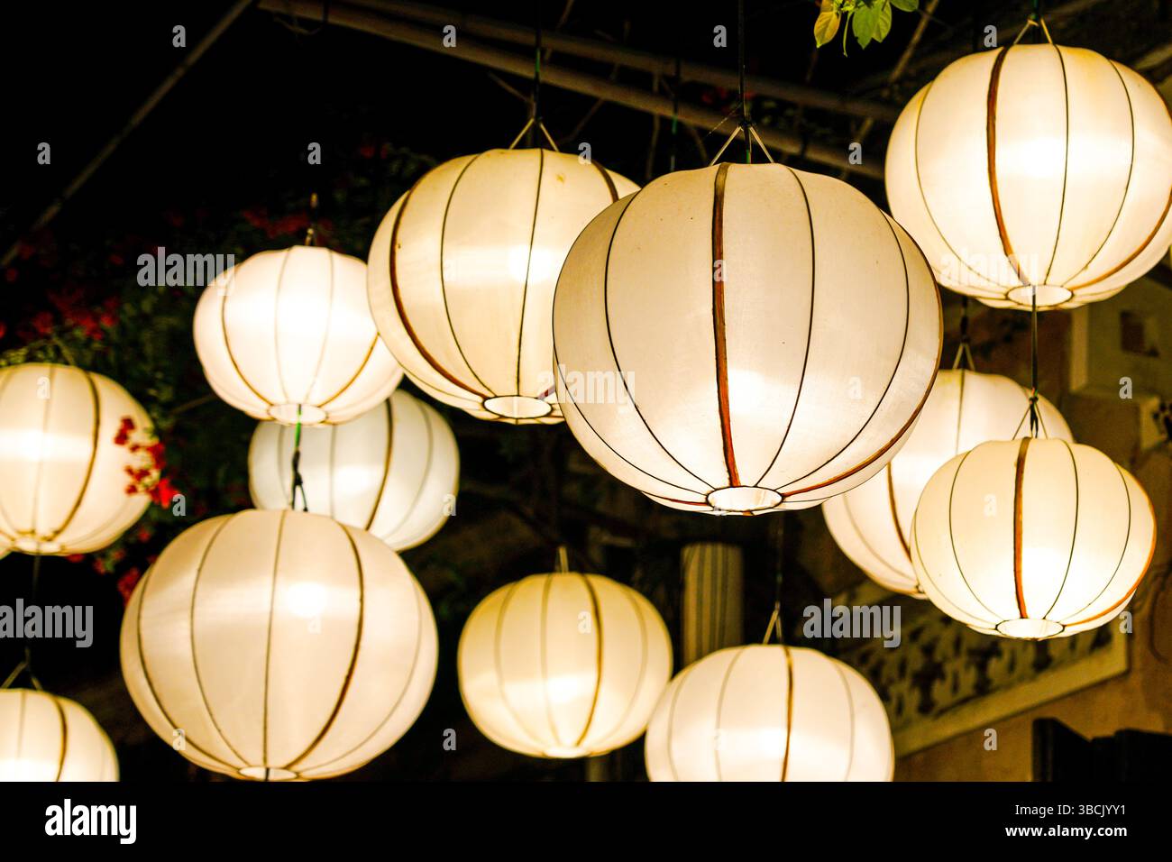 Glowing Lanterns in the Night, Traditional Chinese White Silk Lanterns ...
