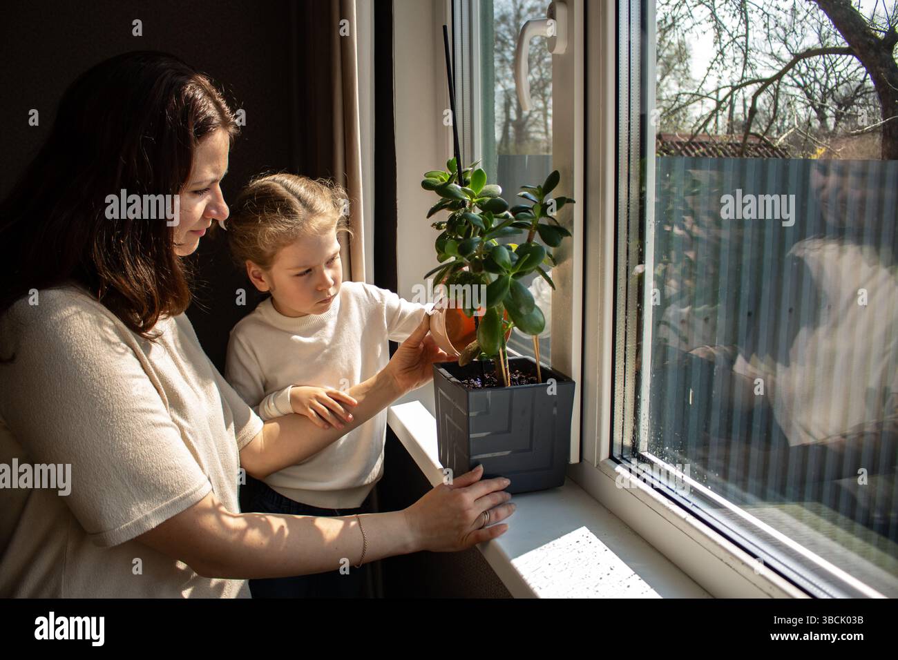 4 years old girl and her mom engage in plant care. Illustrating gentle ...