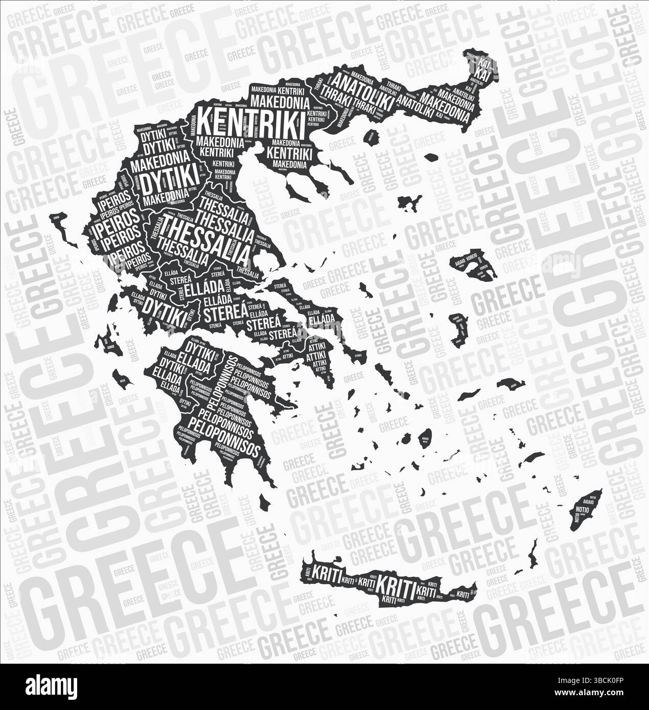 Greece regions map word cloud. Greece region names. Black and white map ...