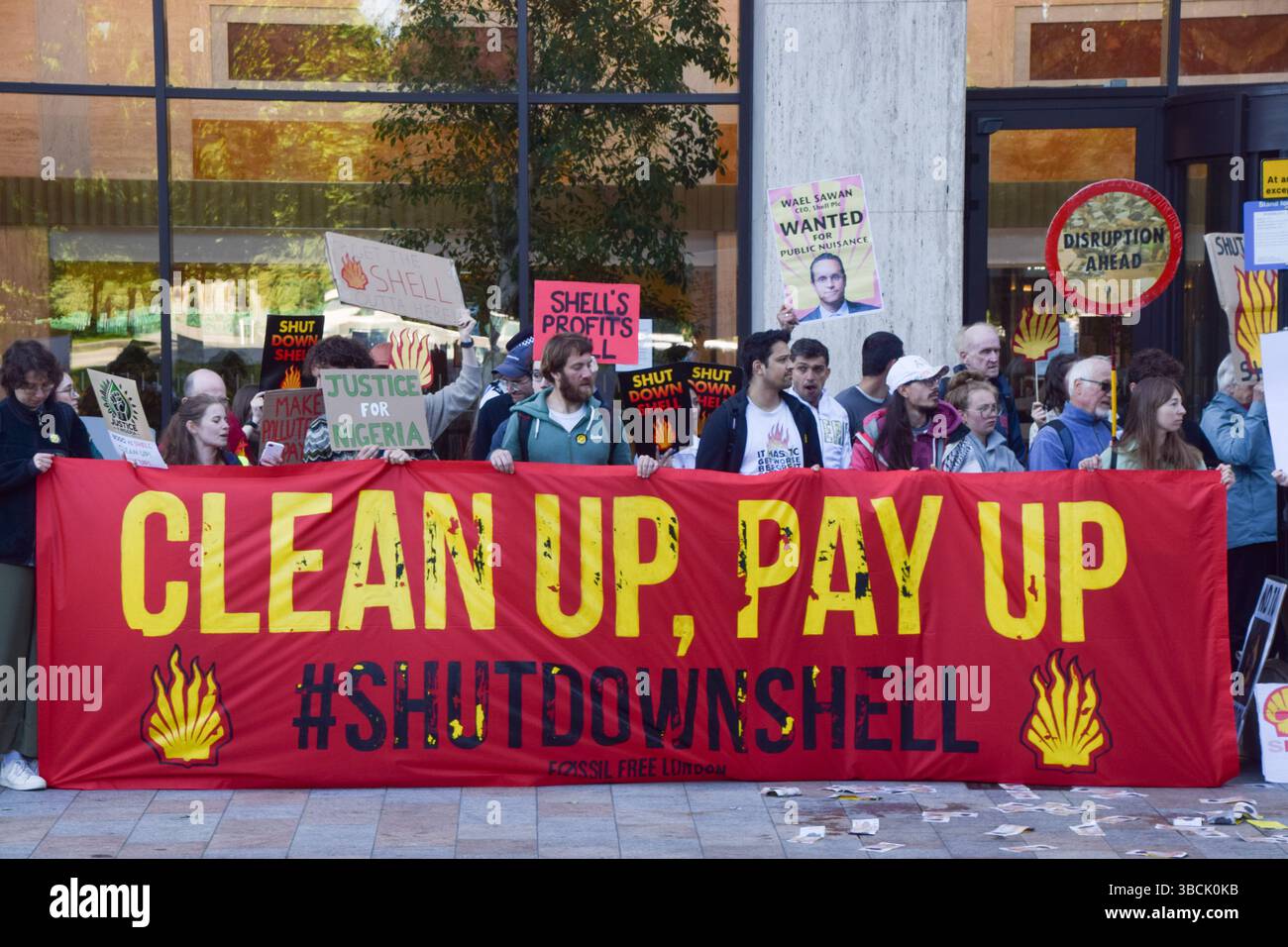 London, UK. 20th May 2025. Environmental activists gather outside Shell ...