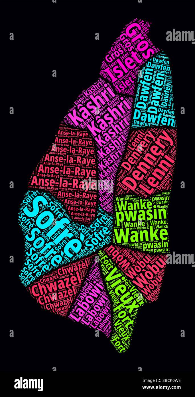 Saint Lucia Regions Word Clouds. Bright neon style design on dark ...