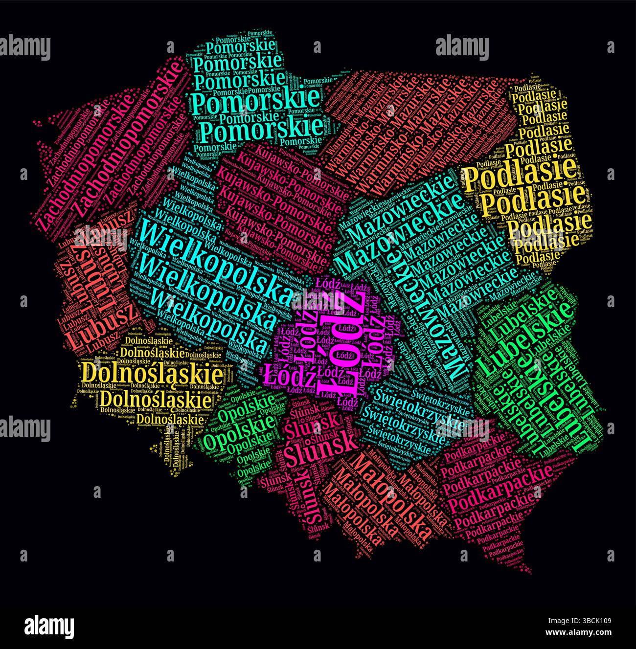Poland Regions Word Clouds. Bright neon style design on dark background ...
