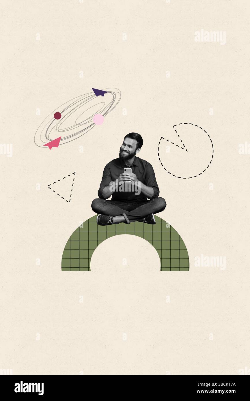 Creative collage of person sit use phone geometry figure with dotted ...