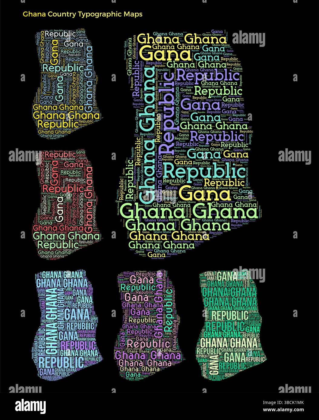 Ghana. Set of typography style country illustrations. Ghana map shape ...