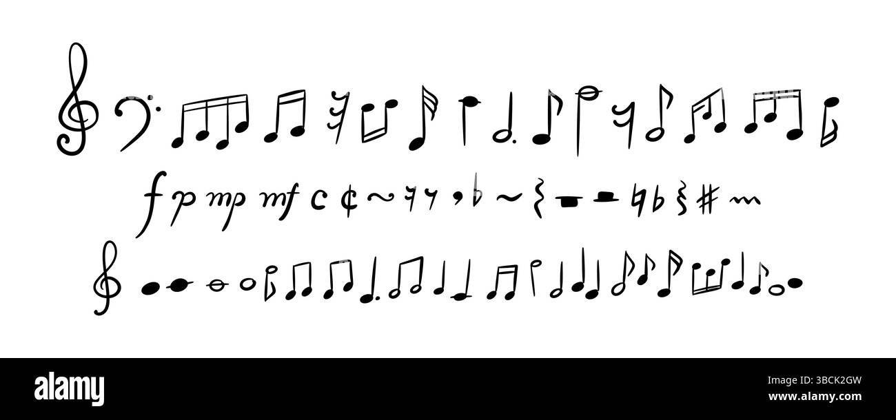 Set if hand drawn doodle music notes, signs and symbols. Handwritten ...
