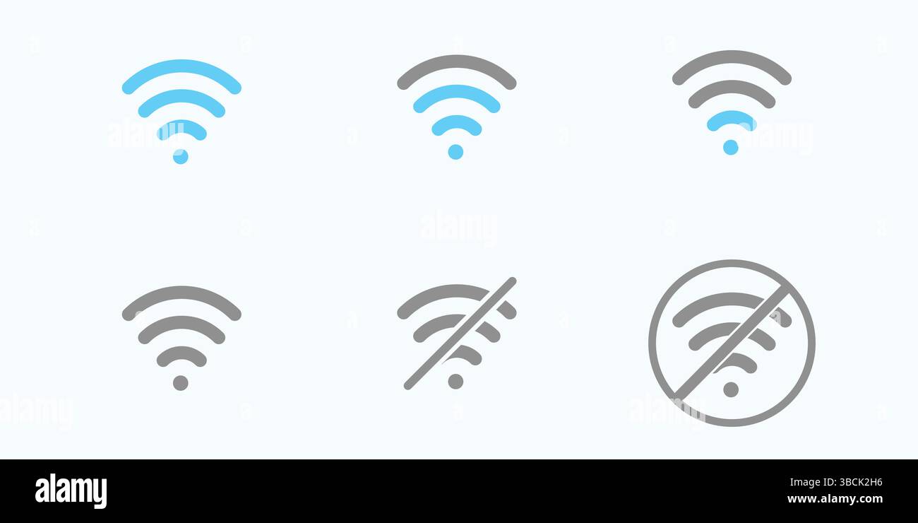 A vector illustration featuring a set of wireless connection icons. Each icon depicts a ...