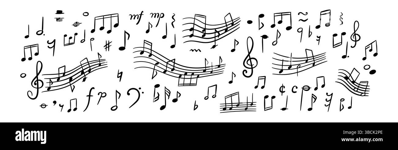Classic music handwritten sketch background. Set of doodle notes ...