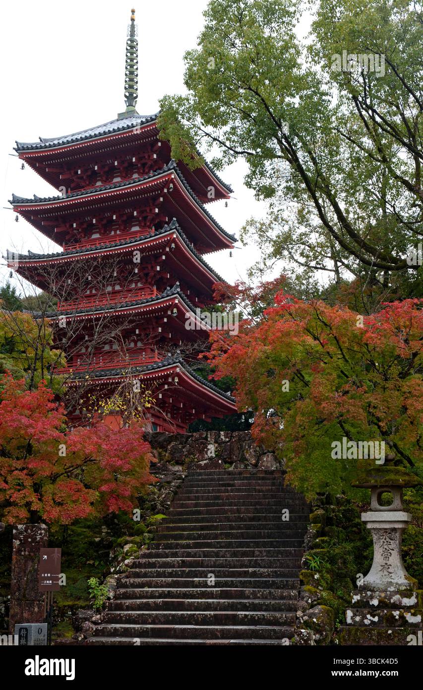 Red architecture of five-story pagoda at Buddhist temple Chikurinji on ...