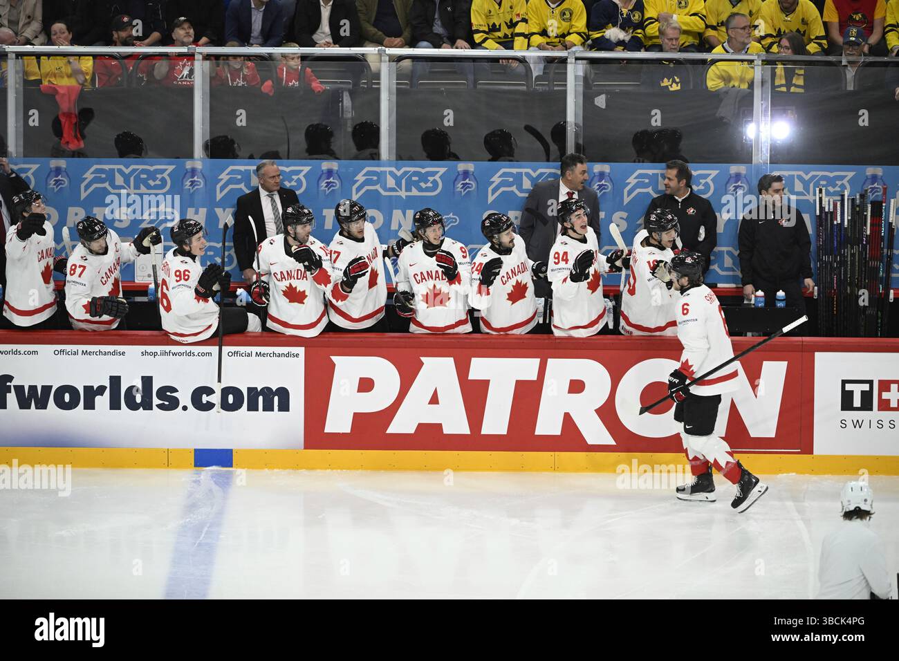 Canada's Travis Sanheim, right, celebrates his goal with teammates ...