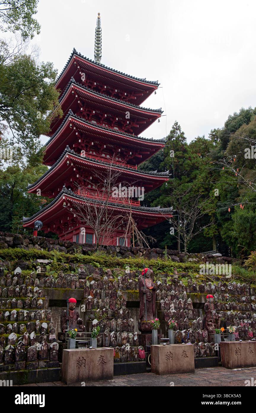 Red architecture of five-story pagoda at Buddhist temple Chikurinji on ...