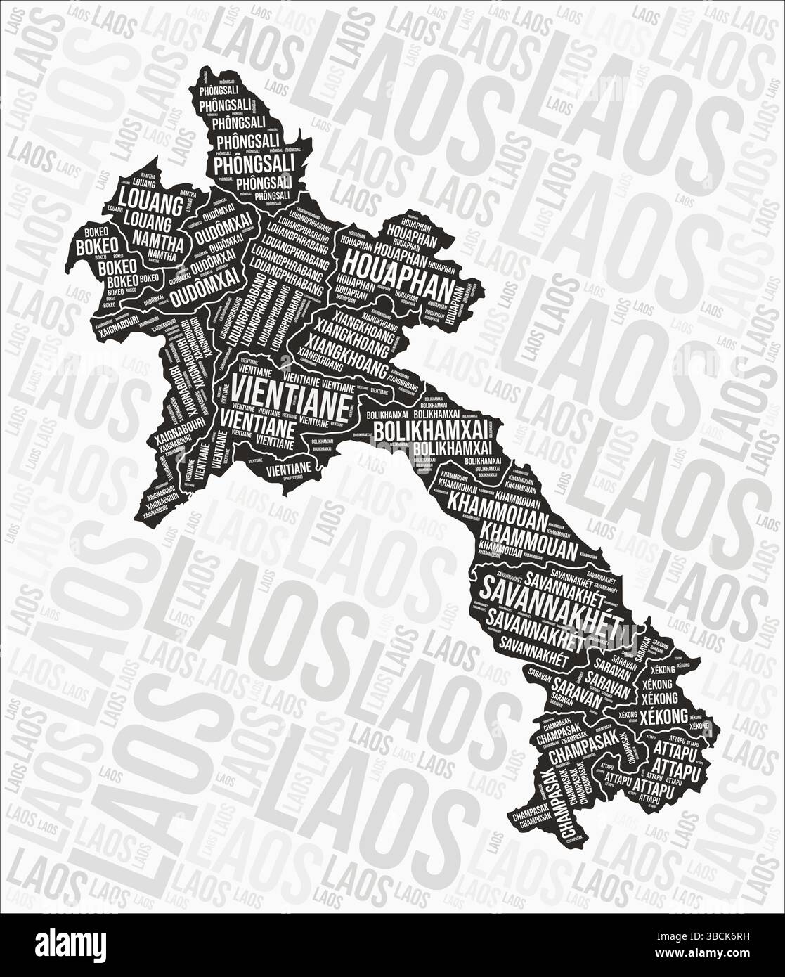 Laos regions map word cloud. Laos region names. Black and white map ...