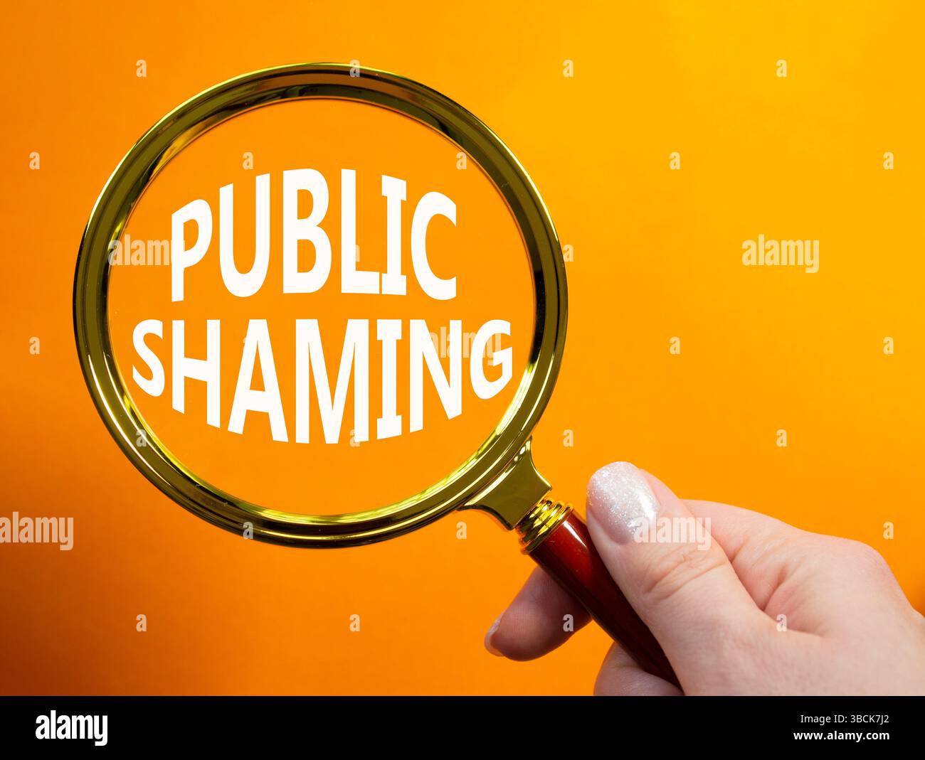 Public Shaming symbol. Magnifying glass with words Public Shaming ...