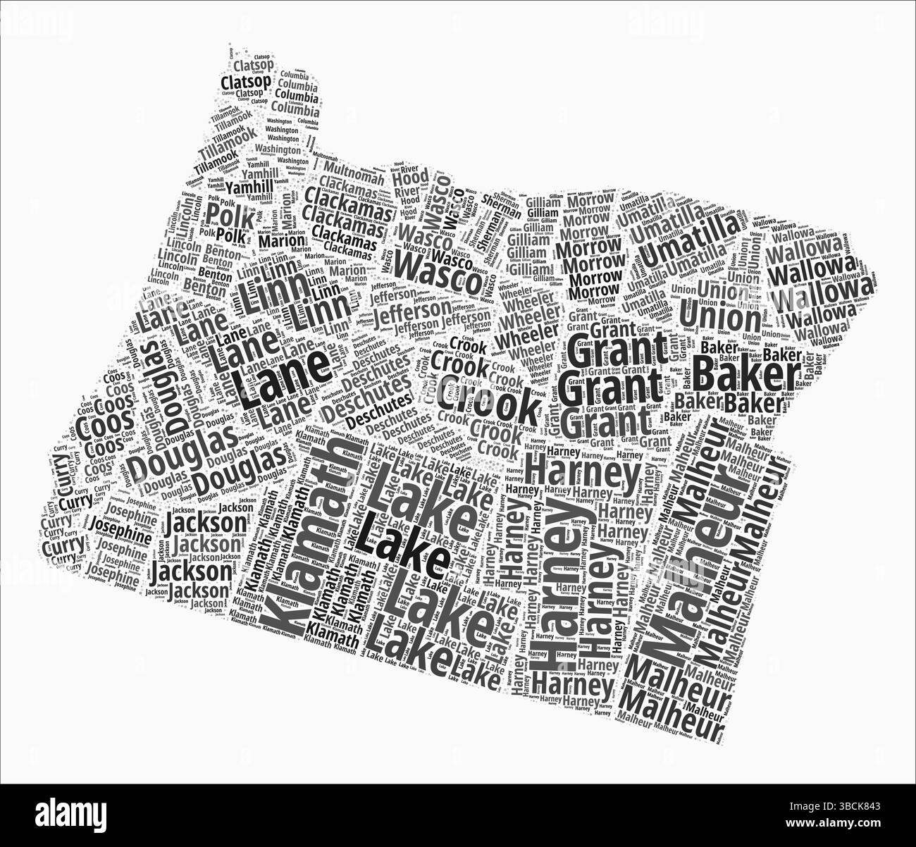 Oregon Text Style Counties. State region names word clouds in the ...