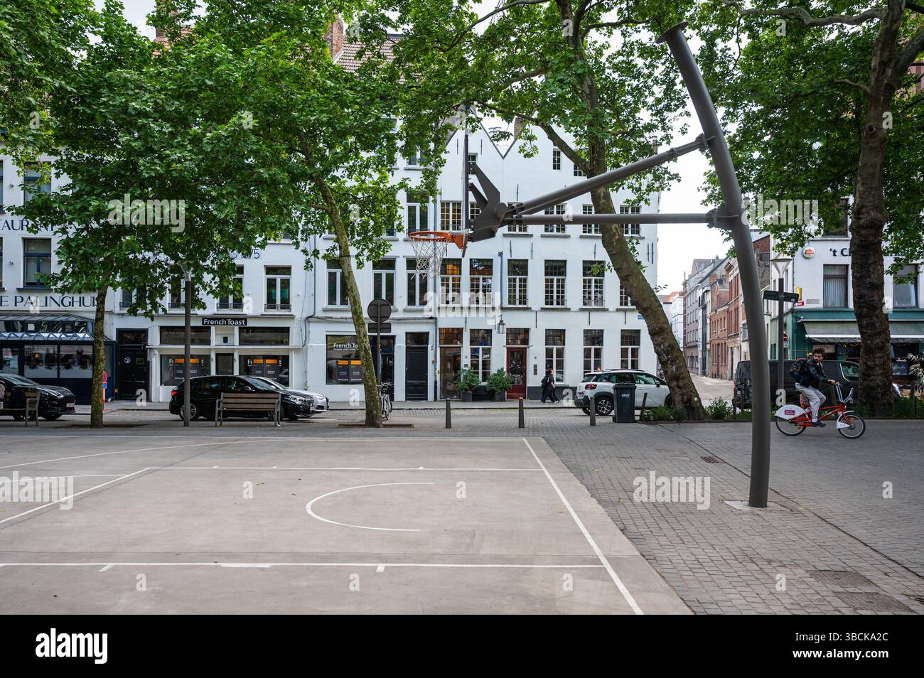 Basketball court at the Saint John square in old town Antwerp city ...