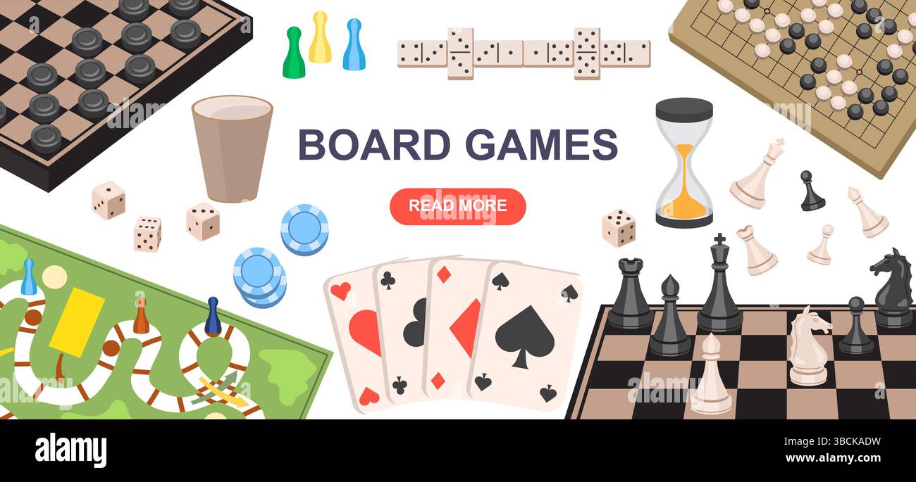 Board games banner. Landing page template with poker cards, chess ...