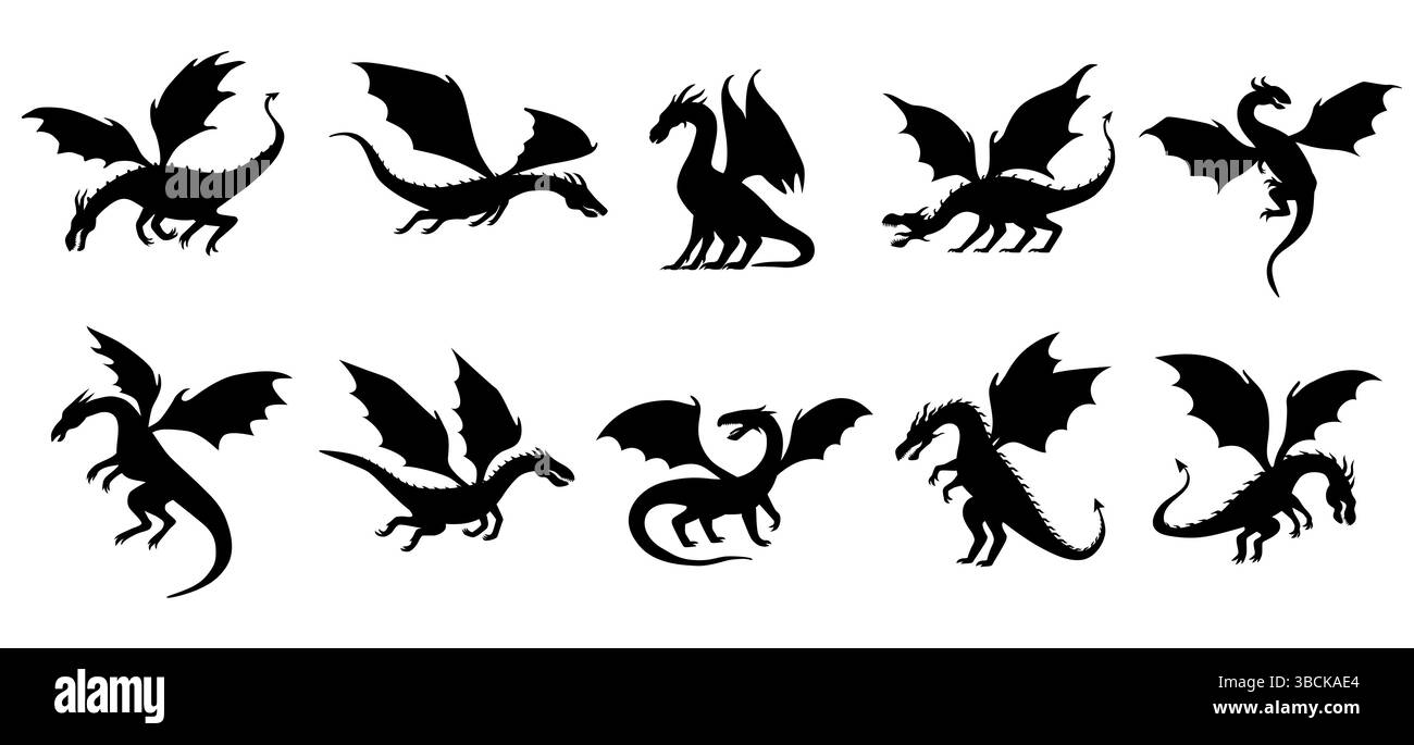 Dragon Silhouette set. Monochrome black stickers with flying winged ...