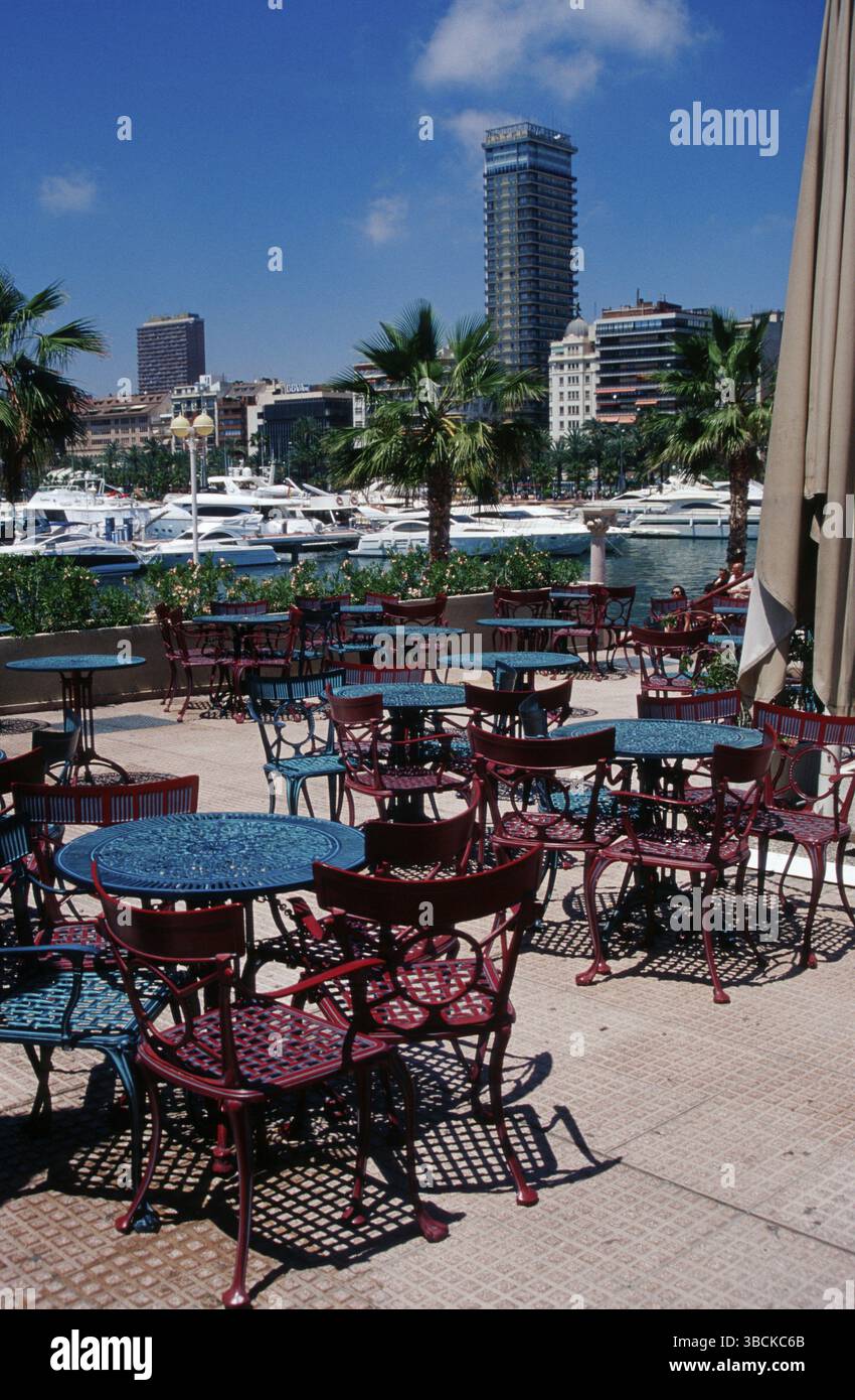 Cafe terrace at harbour and Hotel Tryp Gran Sol, Alicante, Costa Blanca ...