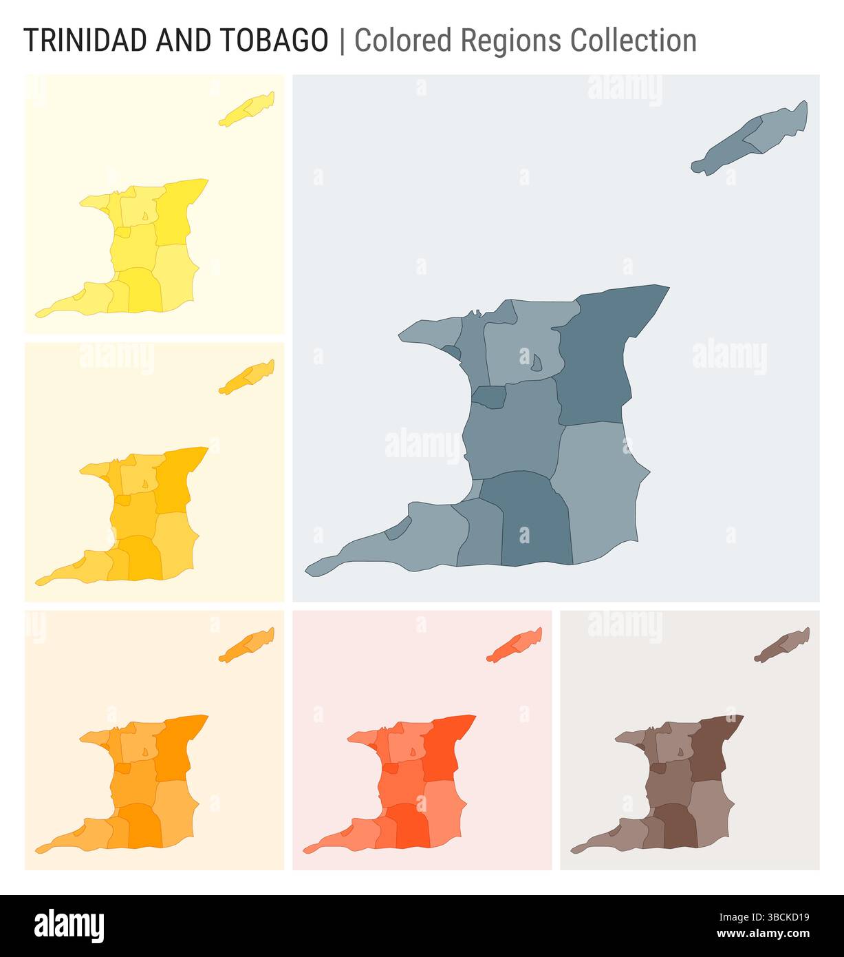 Trinidad and Tobago map collection. Country shape with colored regions ...
