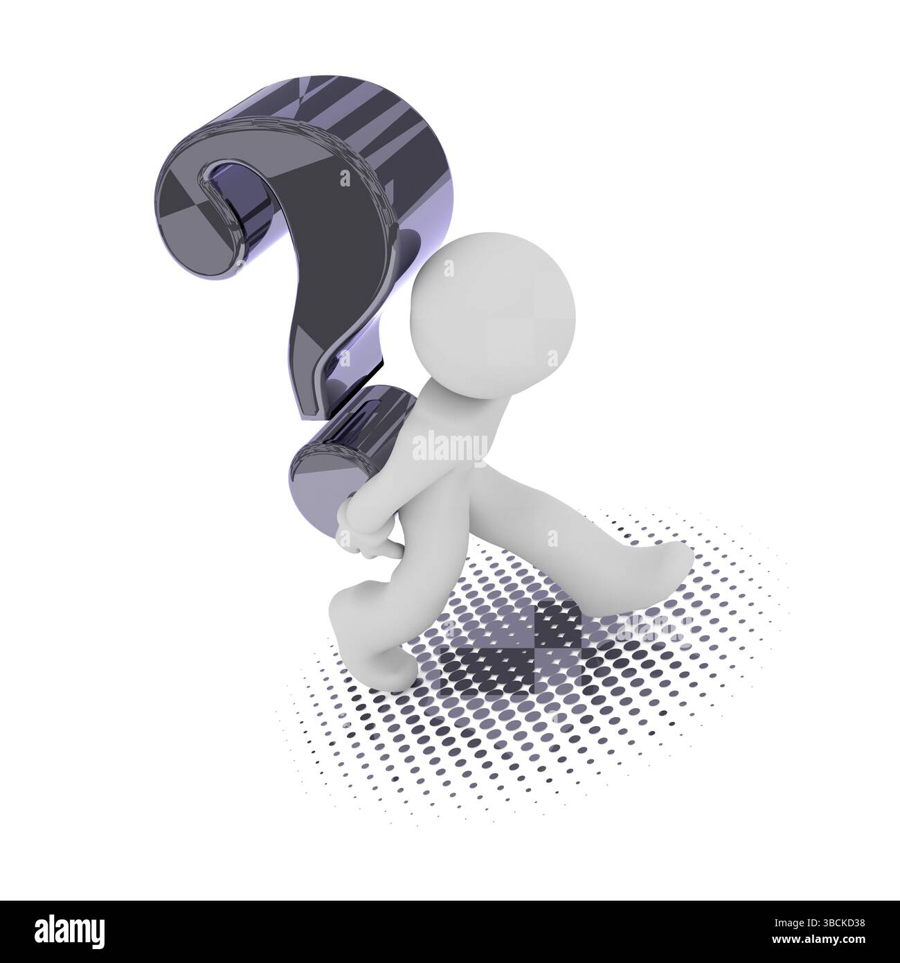 Small man with a big steel question mark, 3d rendering Stock Photo - Alamy