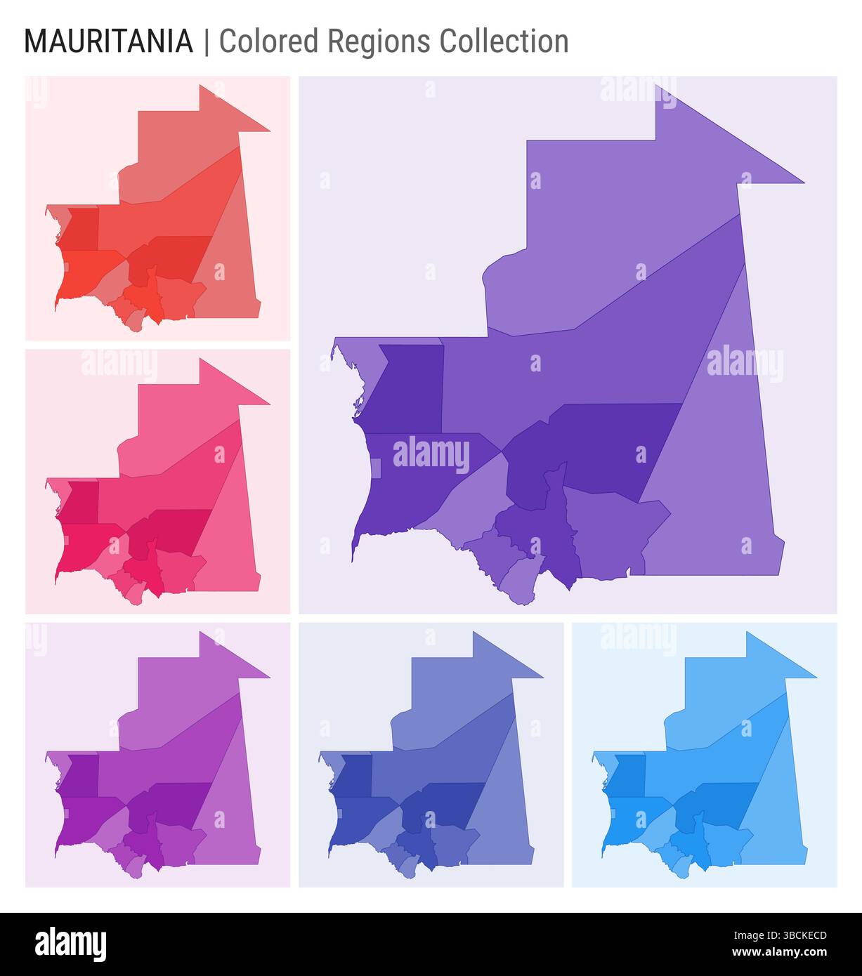 Mauritania map collection. Country shape with colored regions. Deep ...