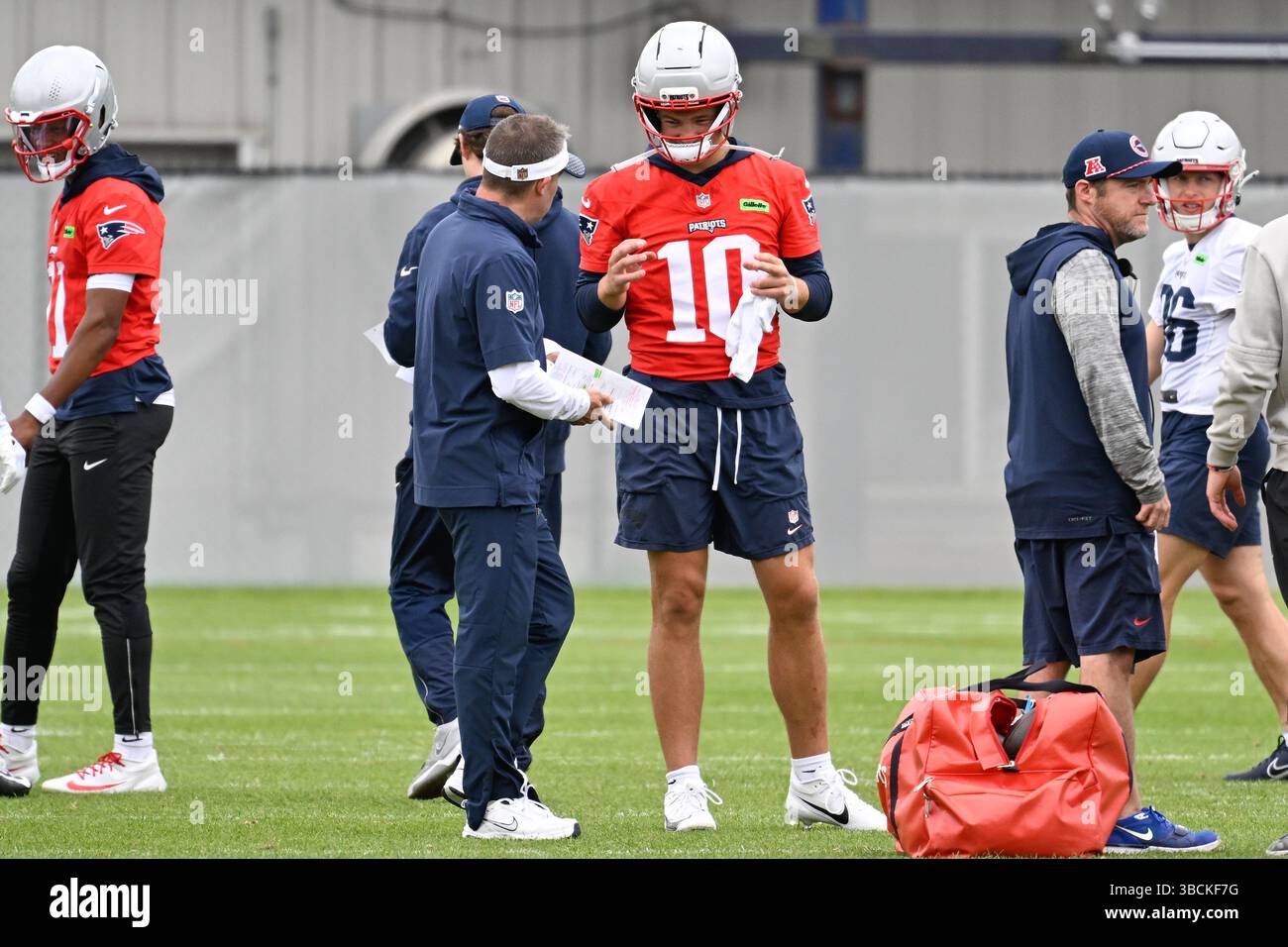 Gillette Stadium. 20th May, 2025. Massachusetts, USA; New England Patriots offensive coordinator ...