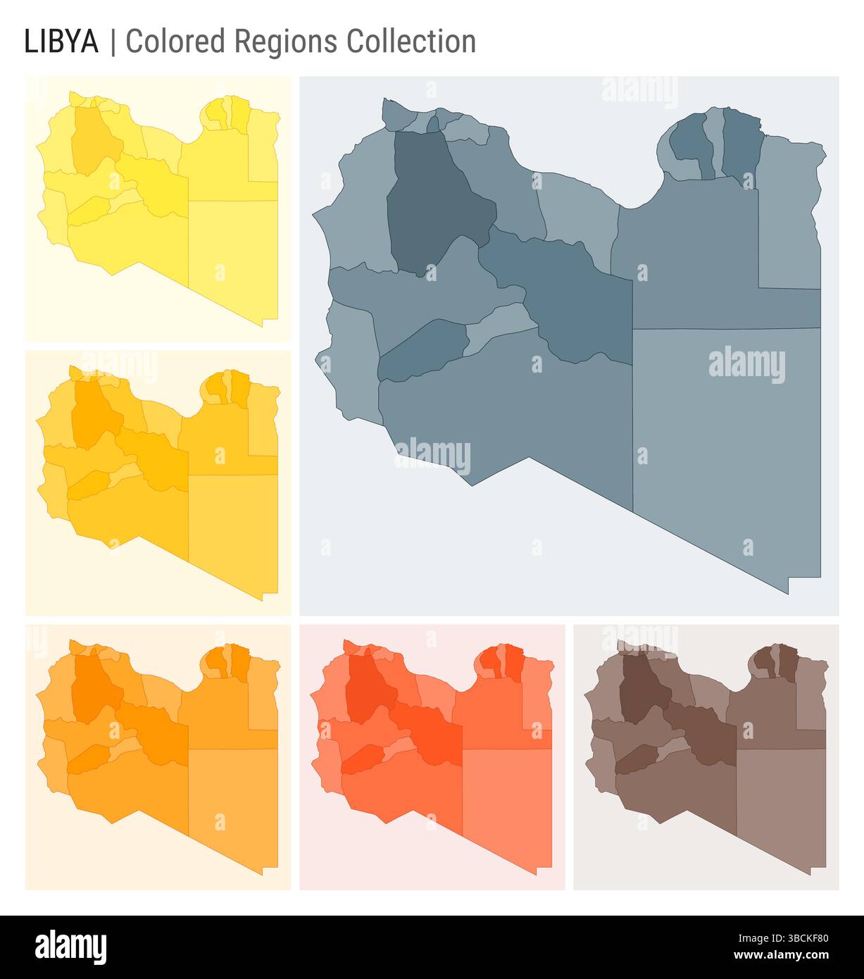 Libya map collection. Country shape with colored regions. Blue, Grey ...