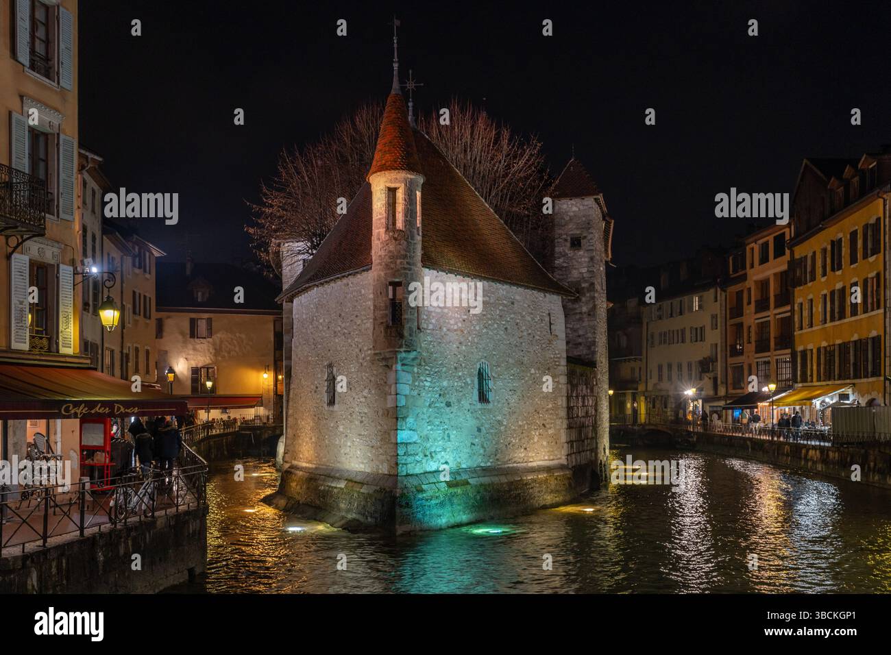 Annecy, France, Dec. 8, 2024. Night view of the Palais de l'Isle, the ...