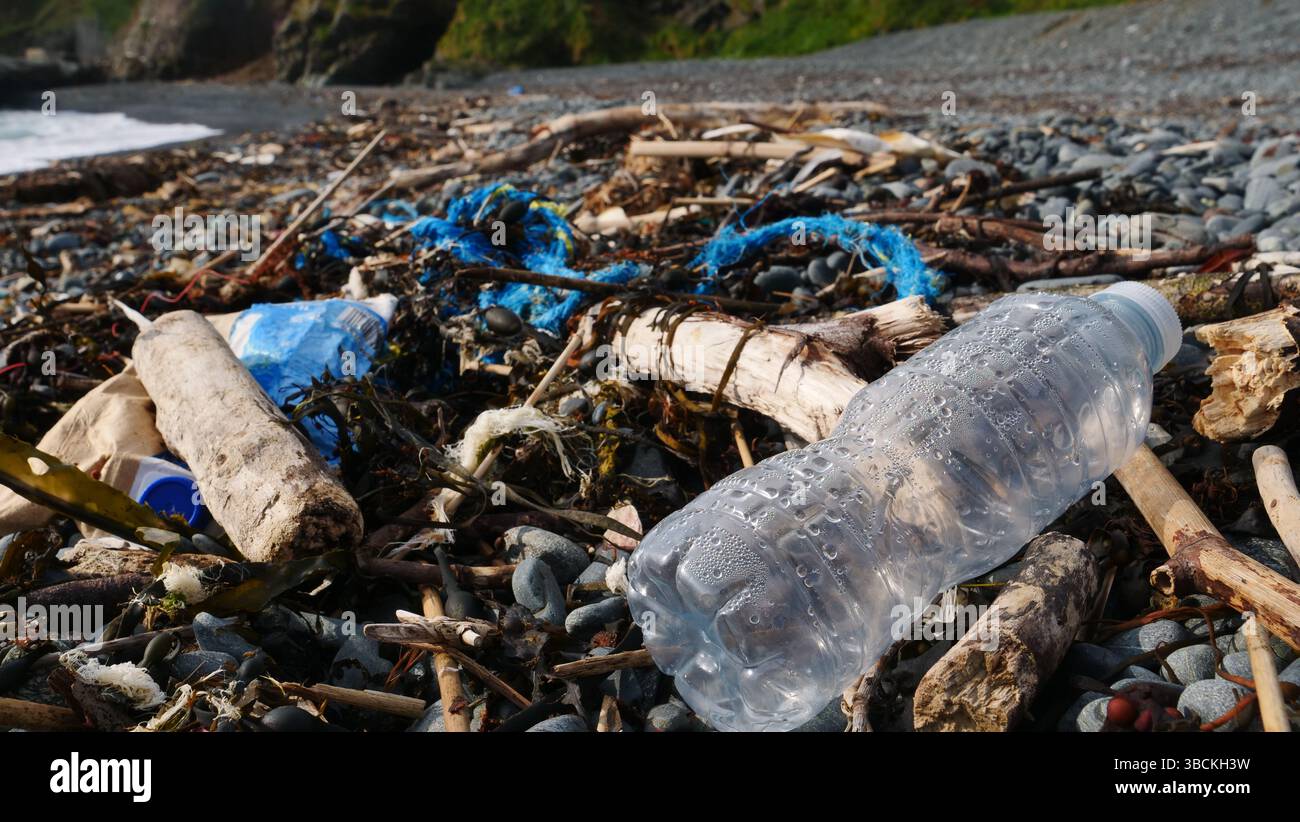 Plastic pollution wahsed up on Porthkerris beach, Cornwall, after stong ...