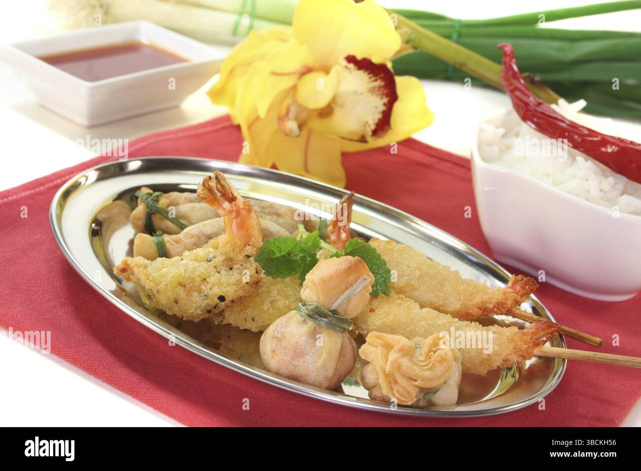 Thai prawn specialities wrapped in filo pastry with surimi, prawns and ...