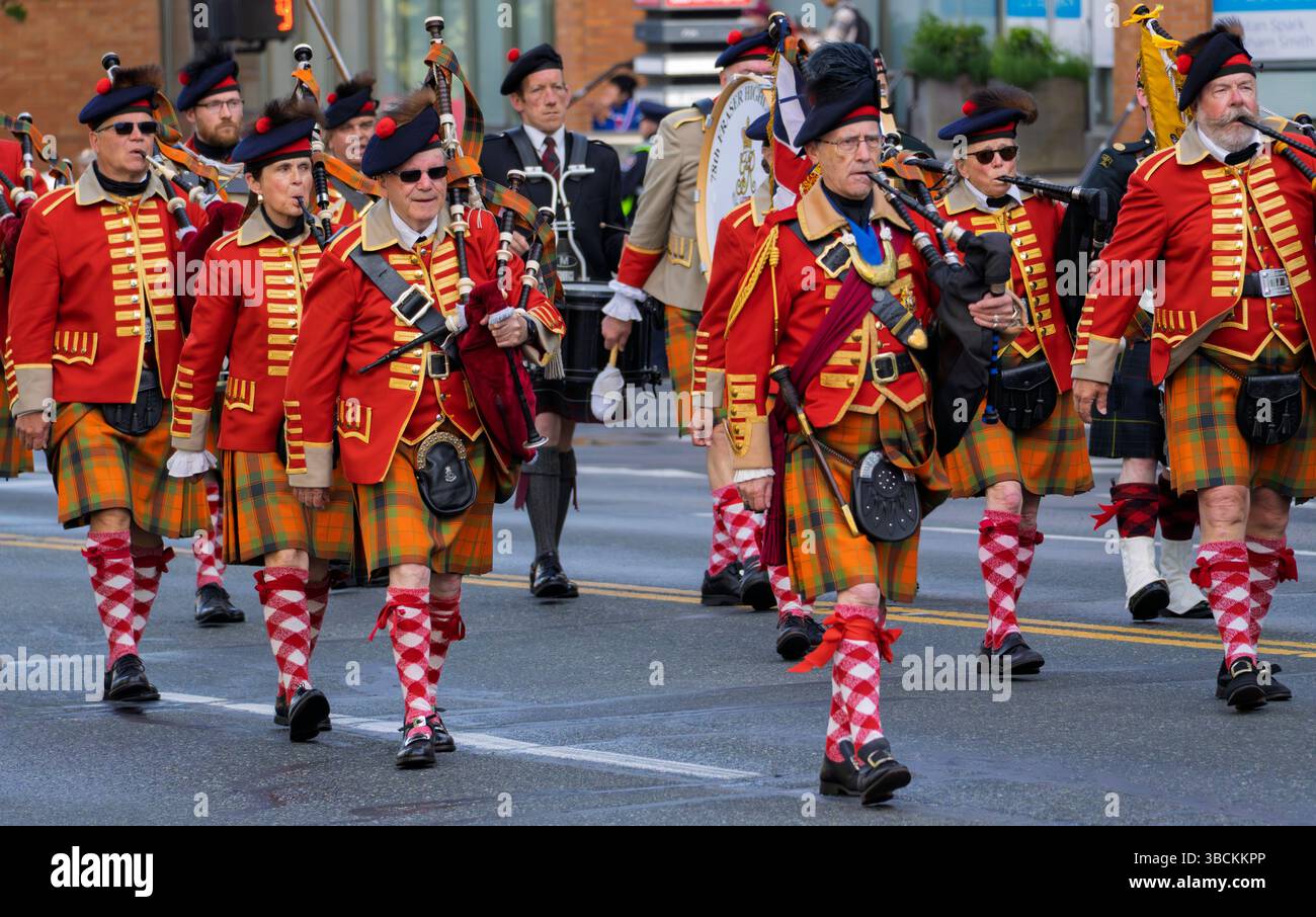 A Scottish bagpipe band at the Victoria Day Parade on May 19, 2025 in ...