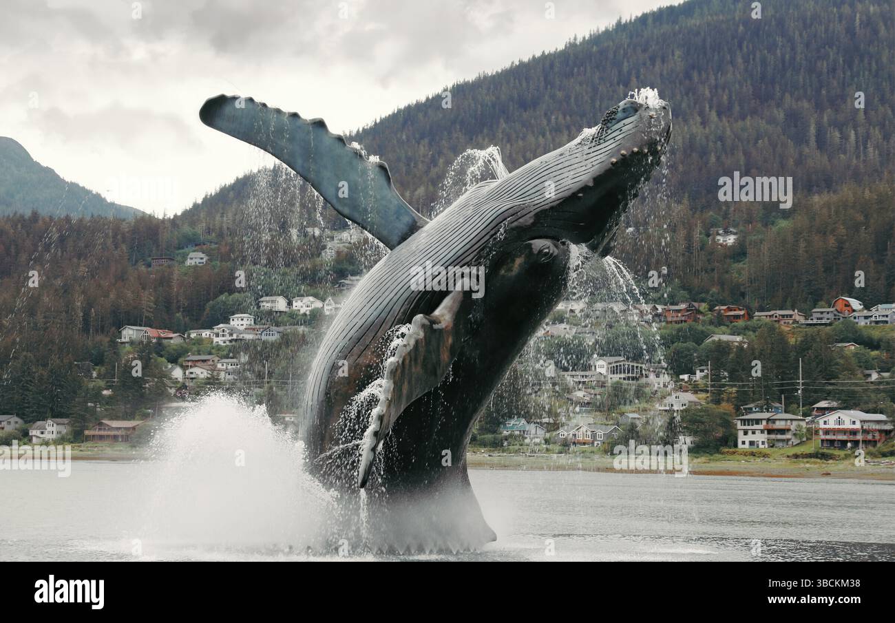 Anchorage, Alaska, USA - 10.10.23 Humpback whale fountain in Juneau ...