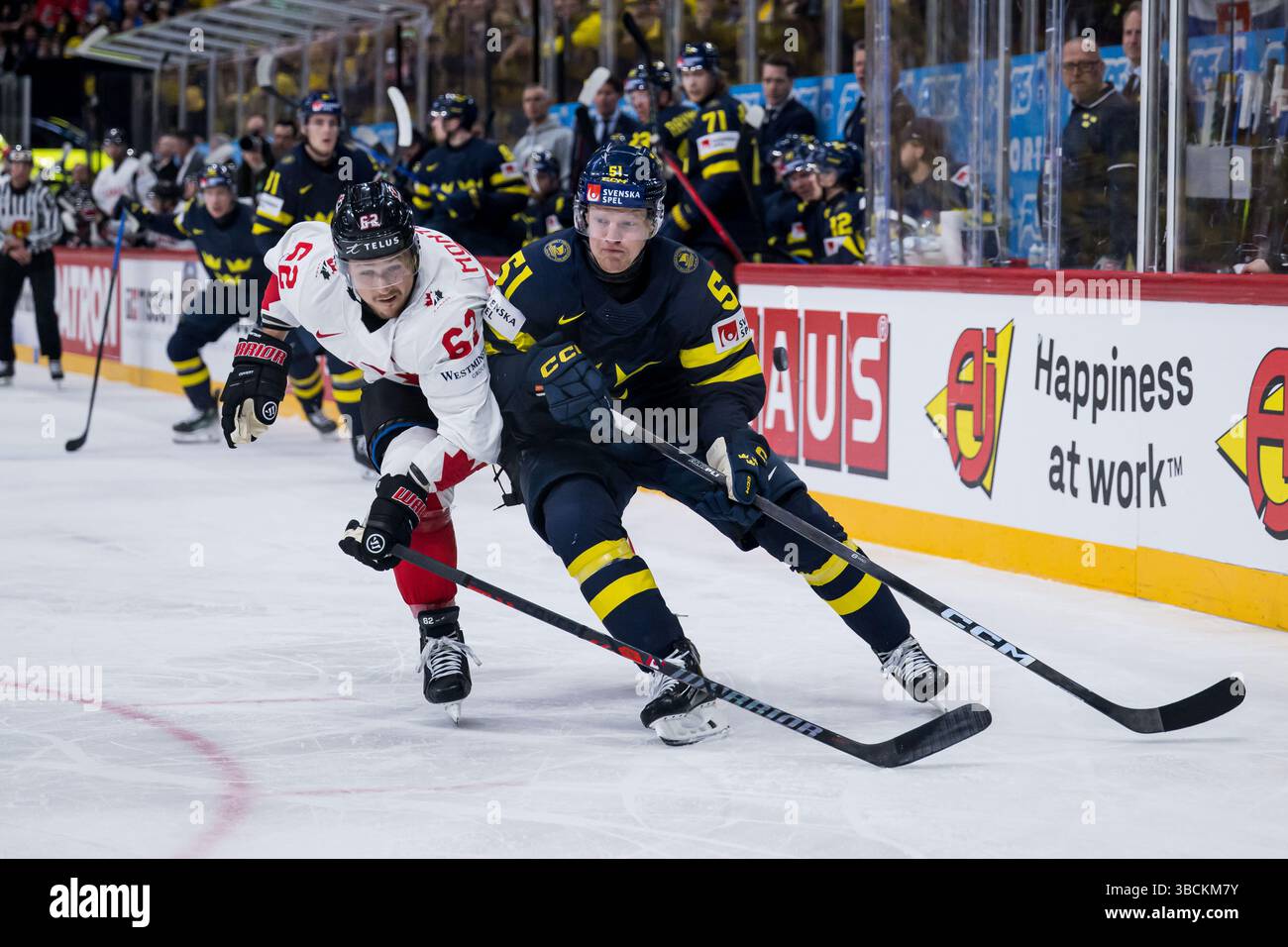 Brandon Montour of, Canada. , . and Emil Heineman of Sweden during the ...